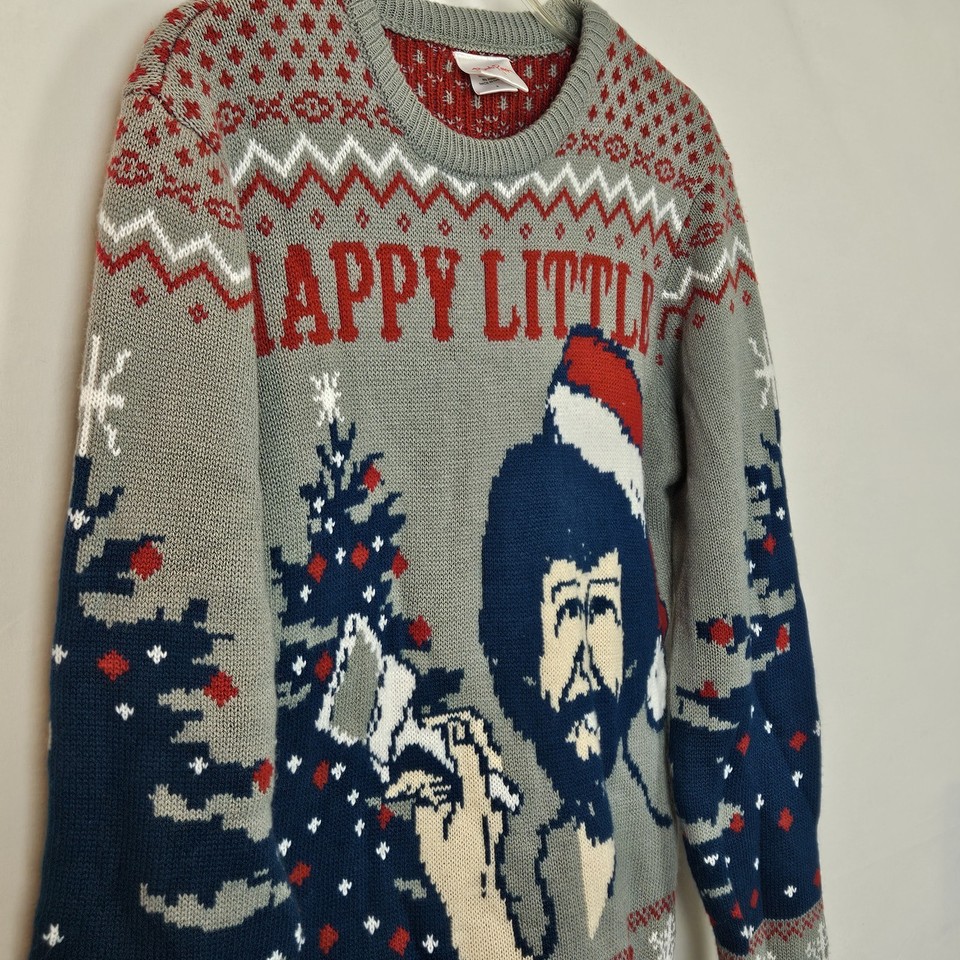 Bob Ross "Happy Little Xmas Trees" Christmas Knit Sweater Gray Men’s ...