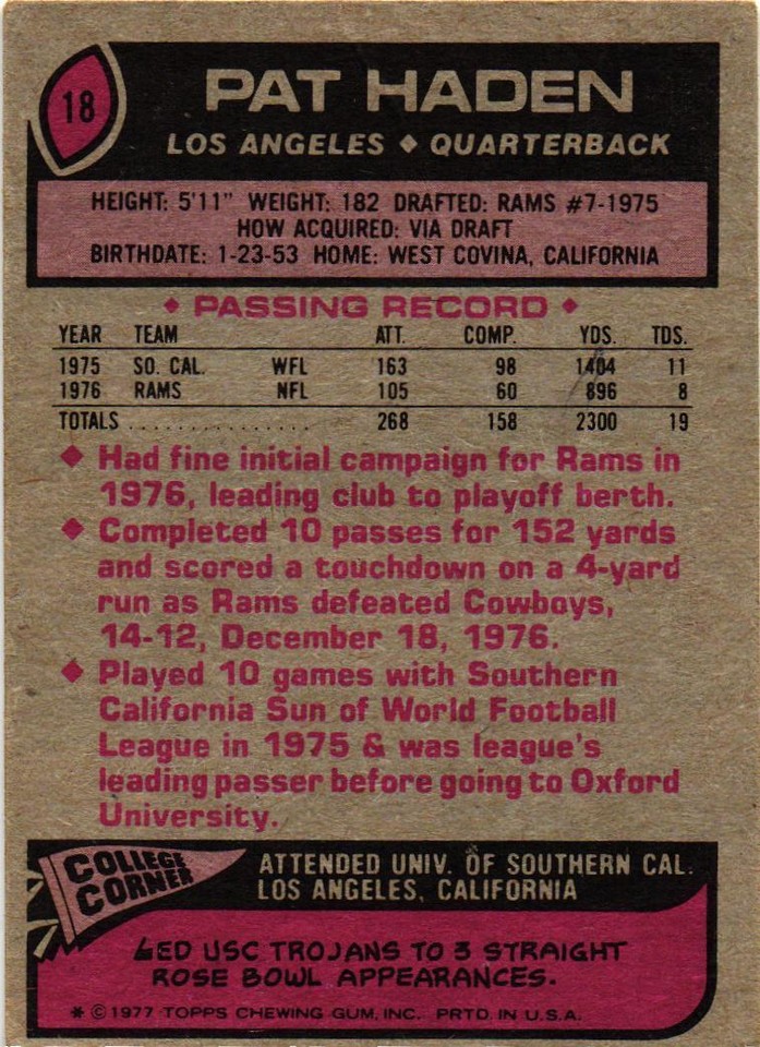 1977 Topps #18 Pat Haden | eBay