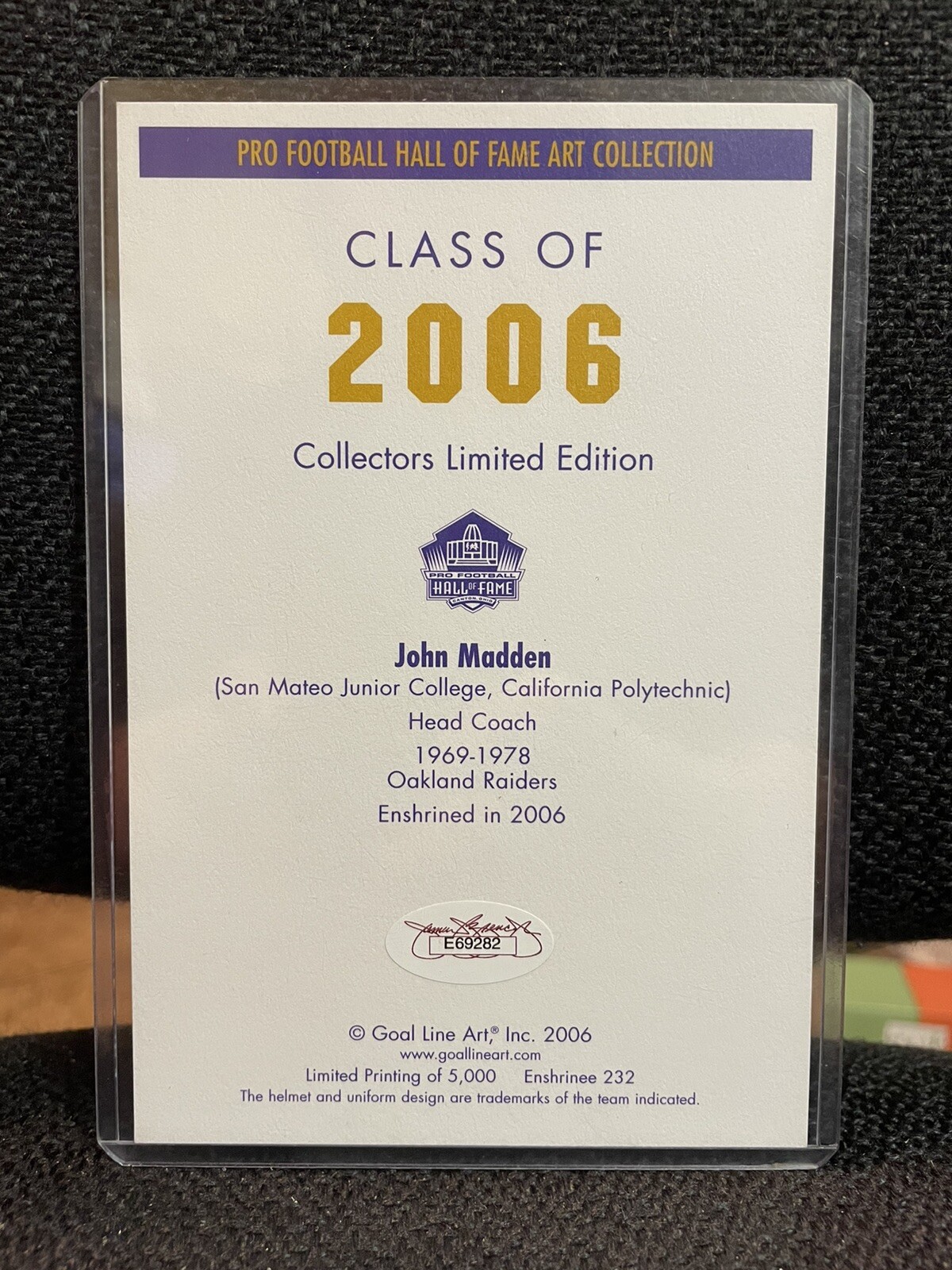 John Madden Signed Raiders Hall of Fame HOF 2006 Goal Line Art Card ...