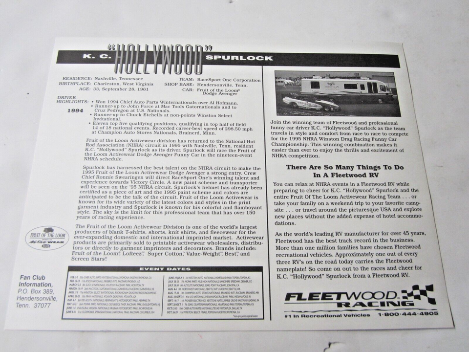 NHRA 95 KC Hollywood Spurlock Fruit of the Loom F/C Drag Racing Track ...