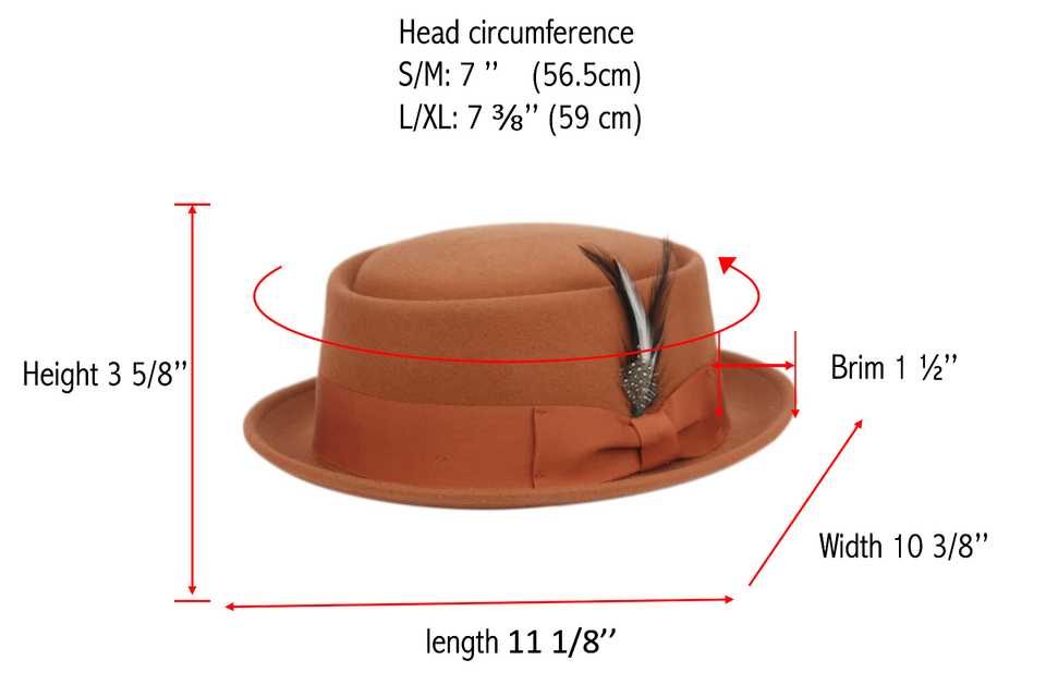 Men's Pork Pie 100% Wool Felt Small Brim Round Top Fedora Adjustable ...