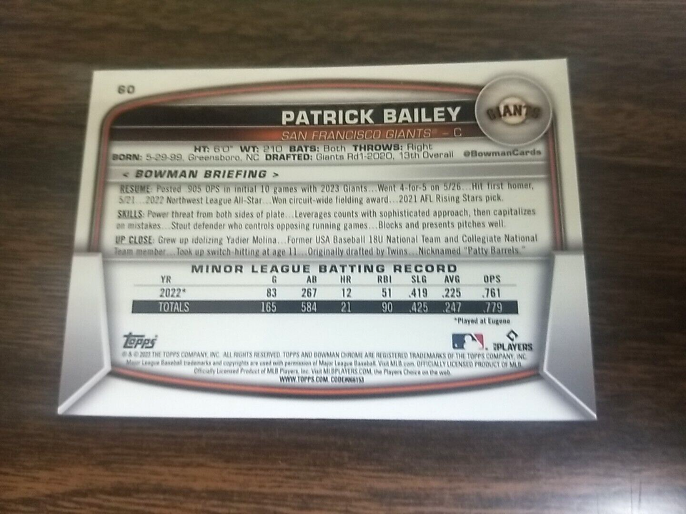 PATRICK BAILEY 2023 BOWMAN CHROME SAPPHIRE CARD #60 GIANTS (ROOKIE ...