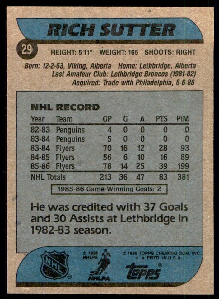 1986-87 Topps Rich Sutter . Vancouver Canucks #29 | eBay