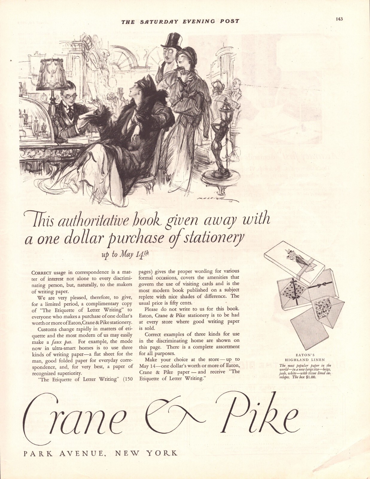1927 Crane & Pike Park Avenue Print Ad Etiquette Stationary Highland ...