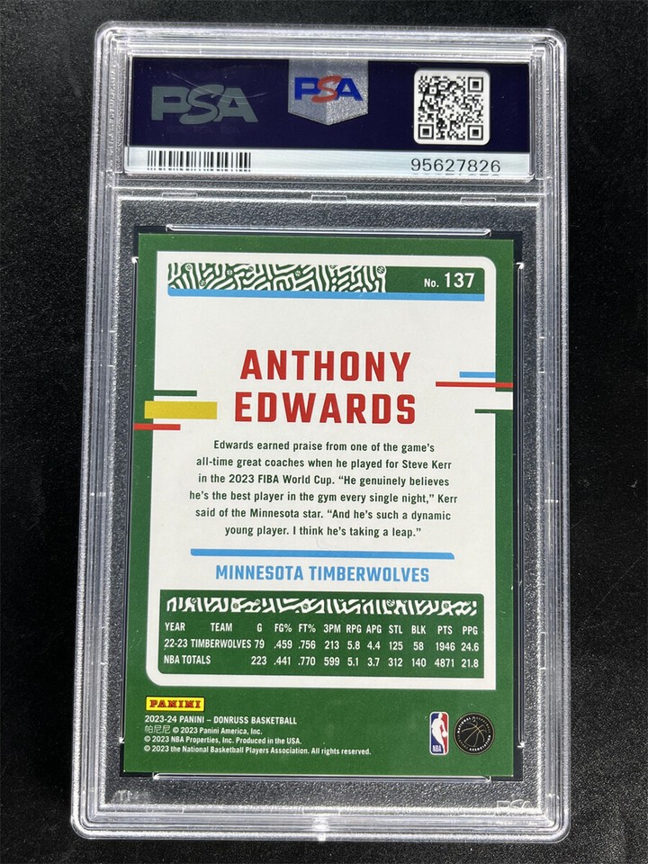 2023-24 Panini Donruss Anthony Edwards #137 Gold Laser Holo /10 PSA 9 ...