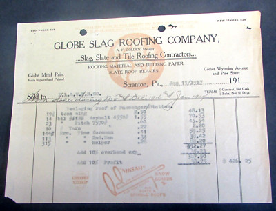 GLOBE SLAG ROOFING COMPANY - SCRANTON, PA. BILLHEAD 1917 (B1) | eBay