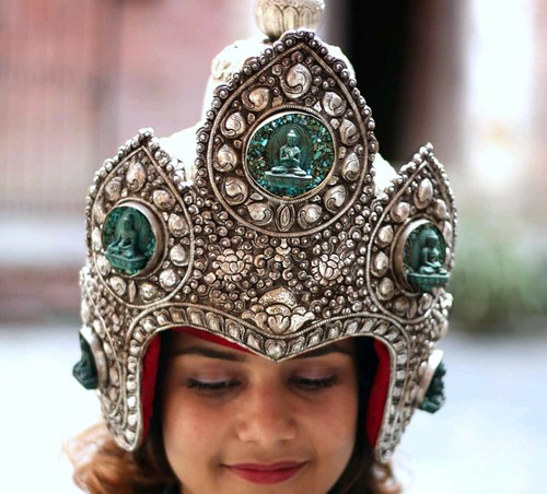 Tibetan Buddhist Ritual Crown Hat Carved Silver Plated Nepal Sitting ...