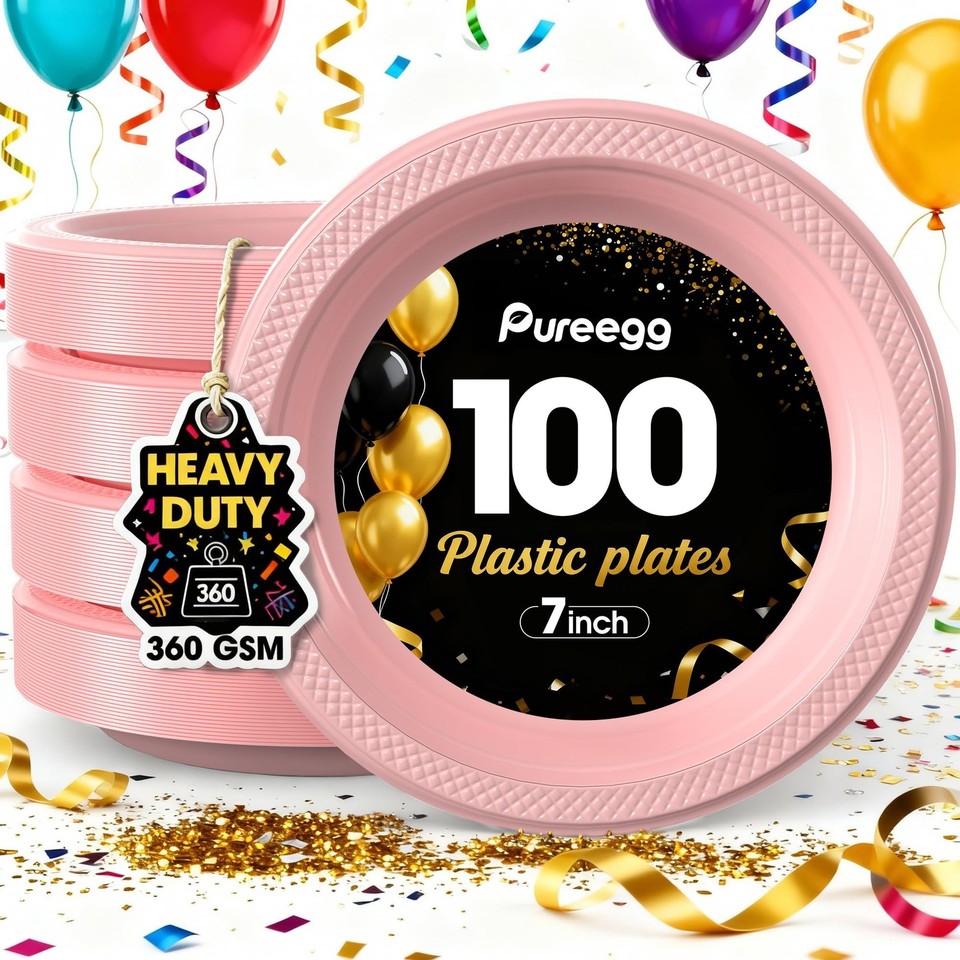 Pureegg Heavy Duty Pink Plastic Plates, 100-Count, 7 Inch Disposable ...