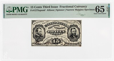 Fr-1275spnmf, 15c Grant-Sherman Specimen, US Fractional Currency, PMG65 ...
