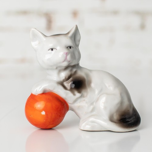 Vintage Japan Cat Figurine w/ Orange Ball White Gray Ceramic Porcelain ...