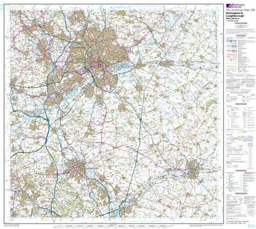 OS LANDRANGER MAP 129 NOTTINGHAM & LOUGHBOROUGH - FLAT WALL MAP - | eBay UK
