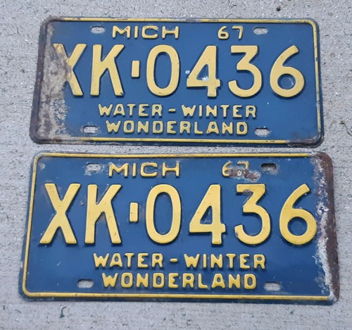 1967 Michigan License Plate set Pair ORIGINAL Water Winter Wonderland ...