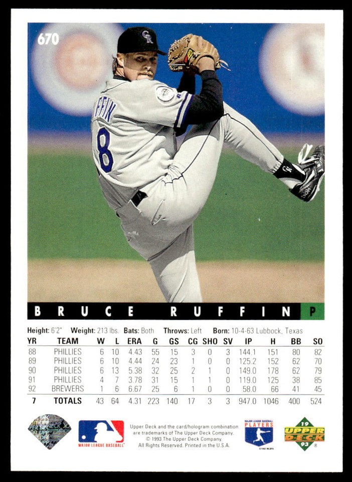 1993 Upper Deck 670 Bruce Ruffin Colorado Rockies Baseball Card | eBay