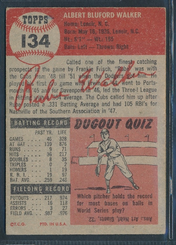 1953 Topps #134: RUBE WALKER Brooklyn Dodgers (Black Bio) ~ VG-EX to EX ...
