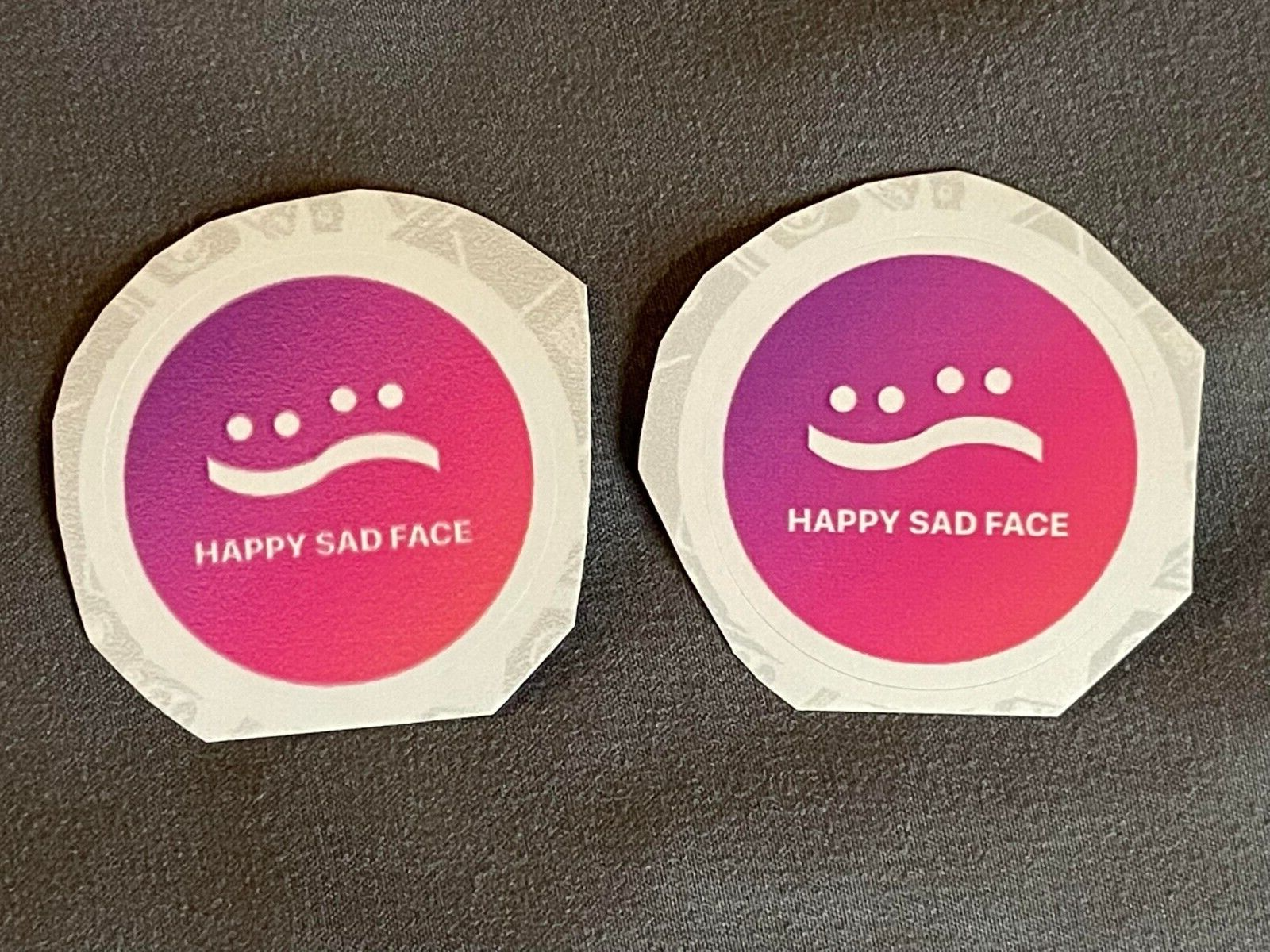 Lot (2) HAPPY SAD FACE 1 1/2" x 1 1/2" Band Logo STICKERS Pink FAST ...