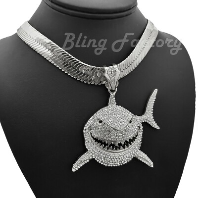 6ix9ine Large Shark pendant & 11mm 20" 24" Herringbone Chain Hip Hop ...
