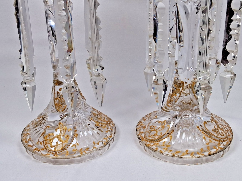 Pair of Unusual Bohemian Clear Lustre Vases with Relief, Pink & White ...