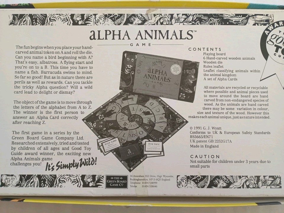 Alpha Animals Family Board Game 6 Hand Carved Animals Green Board 1991 ...