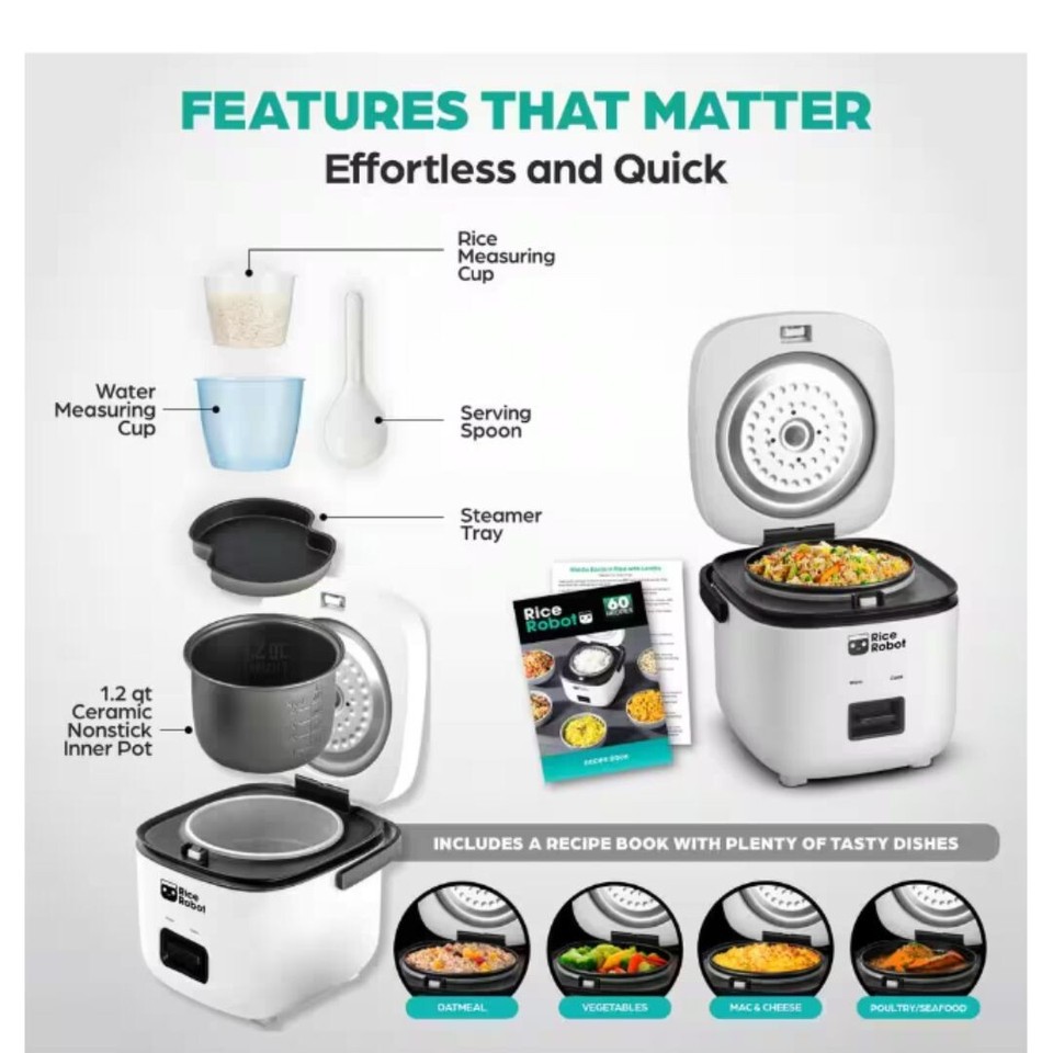 Rice Robot 4 Cup White Space Saving Rice Cooker with Ceramic Nonstick ...