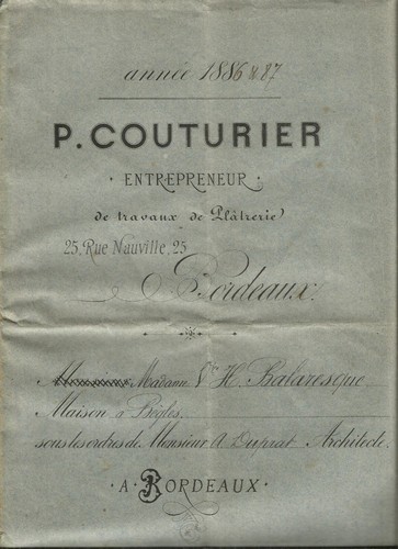 Bègles (33) Mémoire Travaux 1886/87 au Chateau de Franc à Mme Vve ...
