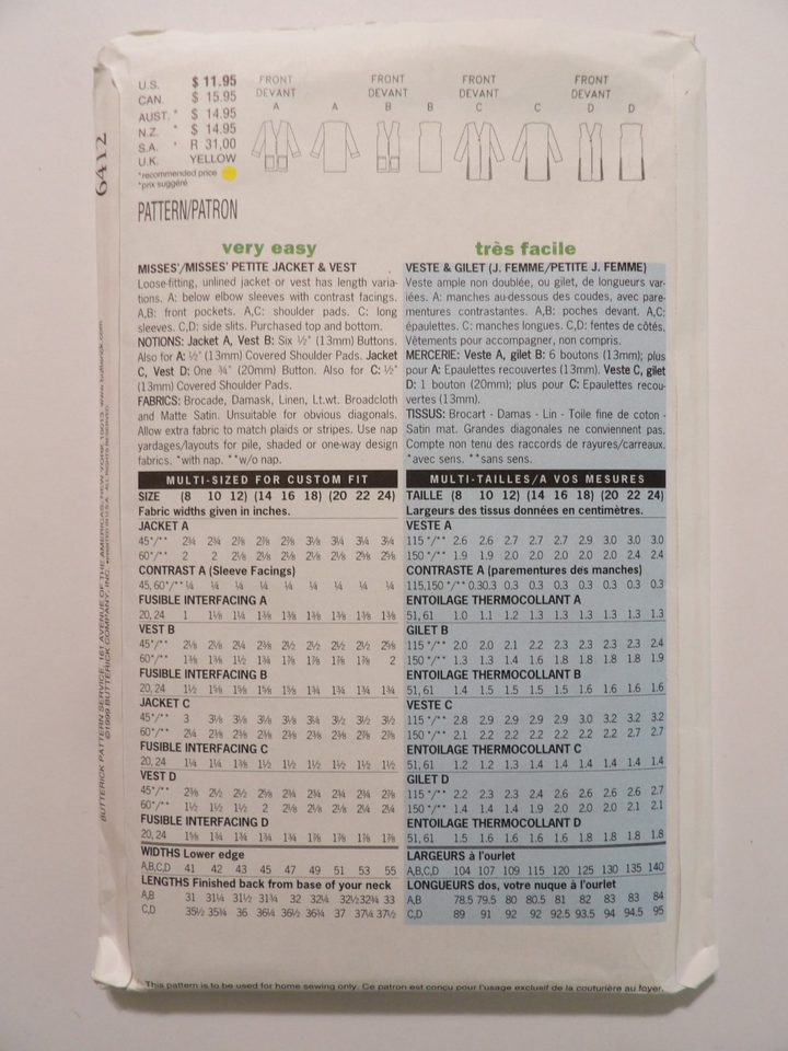 Butterick 6412 Misses' Petite Jacket & Vest Sizes 14-16-18 Uncut Sewing ...