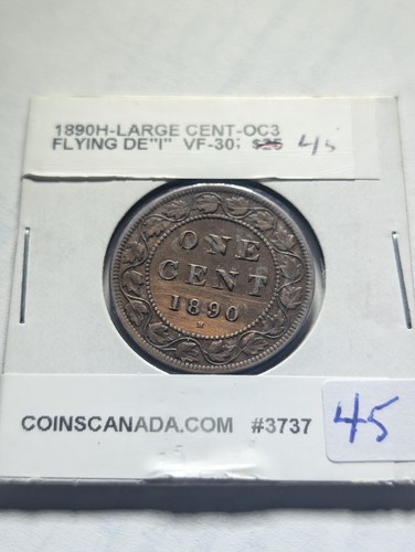 Canada 1890 Large cent Canadian ONE PENNY; VF-30; FLYING DE "I" COIN ...