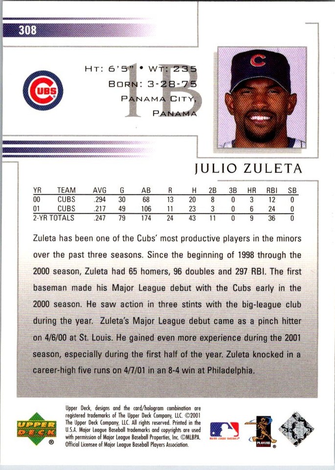 2002 Upper Deck Julio Zuleta #308 | eBay
