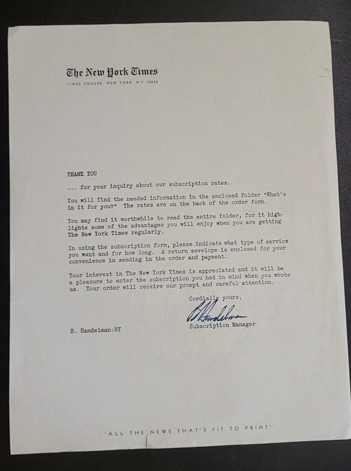 1960's The New York Times Letter Autographed by Subscription Manager | eBay
