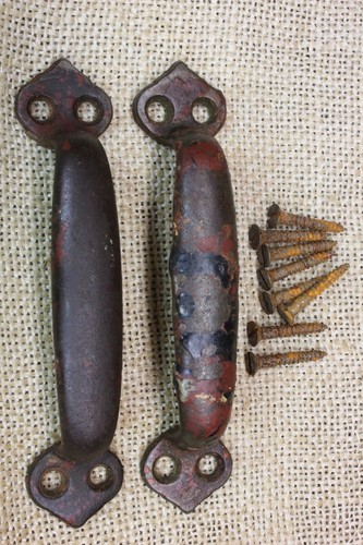 2 Old Drawer Pulls Door Handles Work Bench Paint Splattered Rustic Iron ...
