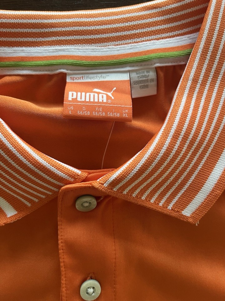 Puma Golf Orange White Stripe Polo Mens Sz Large Short Sleeve Shirt NWT ...