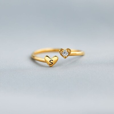 Lab-Grown Diamond Customized Initial Engraved Heart Ring In Pure 10K ...