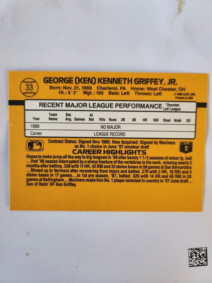 🔥RARE ERROR CARD-1989 Ken Griffey Jr Rookie Card Birthplace ERROR card ...