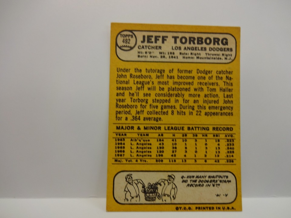 1968 Topps Baseball Jeff Torborg Los Angeles Dodgers Card #492 | eBay