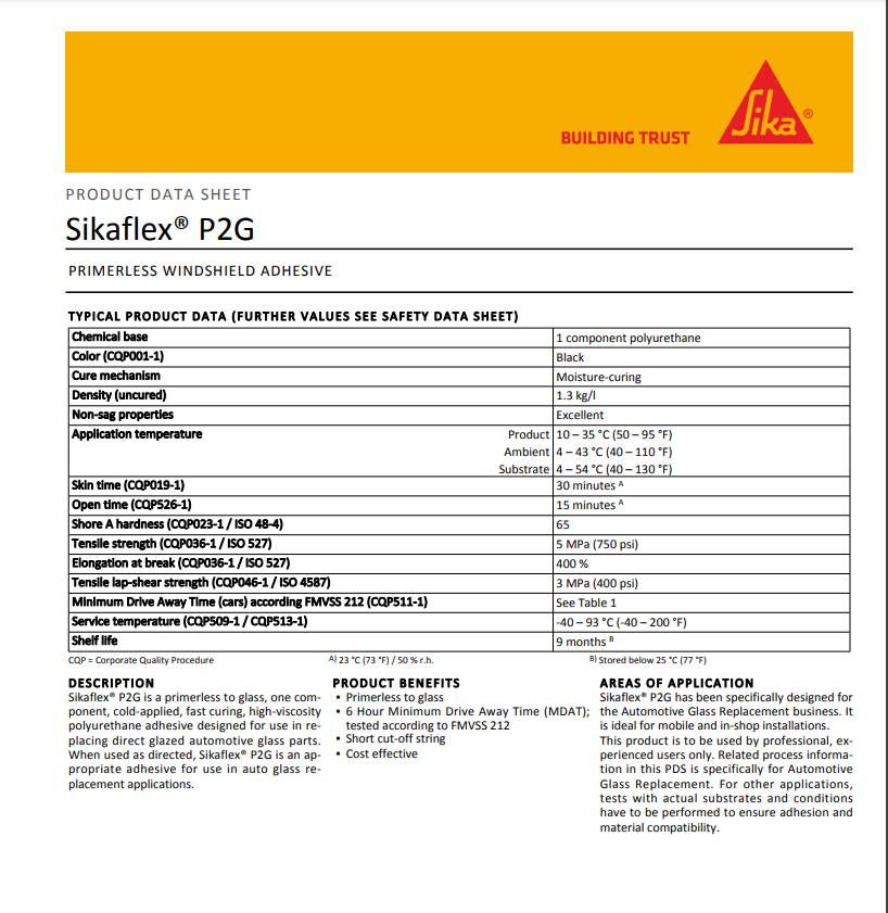 SIKA Auto Glass Sealant Windshield Urethane Glue Sikaflex P2G ...