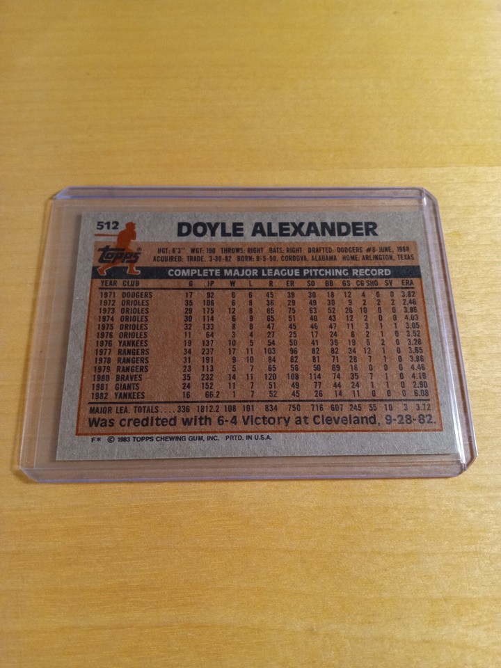 1983 Topps #512 DOYLE ALEXANDER New York Yankees Baseball Card, Pitcher ...