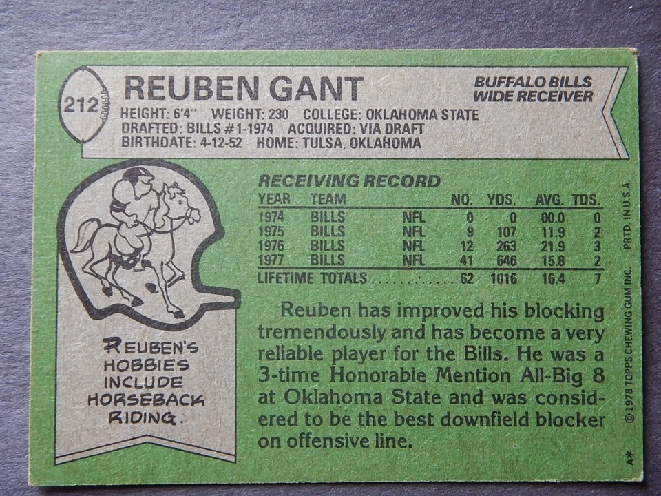 Reuben Gant #212 Topps 1978 Football Card (Buffalo Bills) *VG | eBay