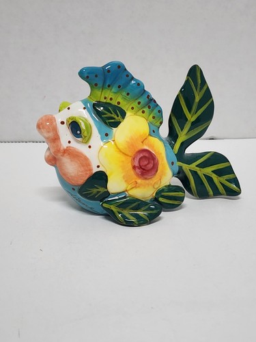 Whimsical Blue Sky Kissing Fish Flowers Ceramic Signed Diane Floral ...