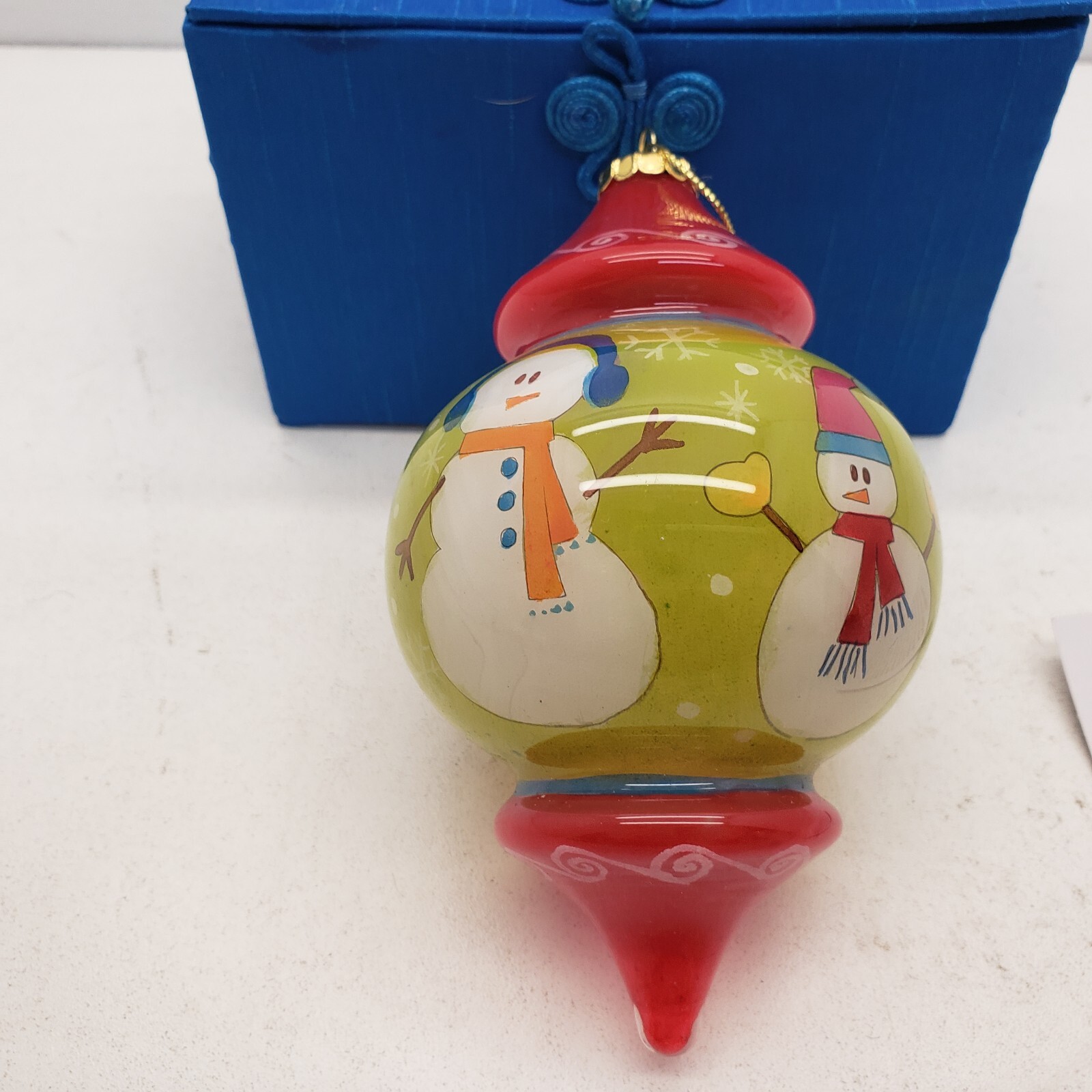 Li Bien Glass Ornament With Snowmen And Blue Box 5 1/2" Hand Painted ...