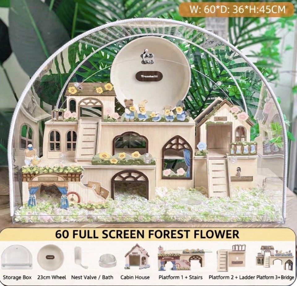 Large Wooden Hamster Cage 3-Level Villa w/ Exercise Wheel | Acrylic ...