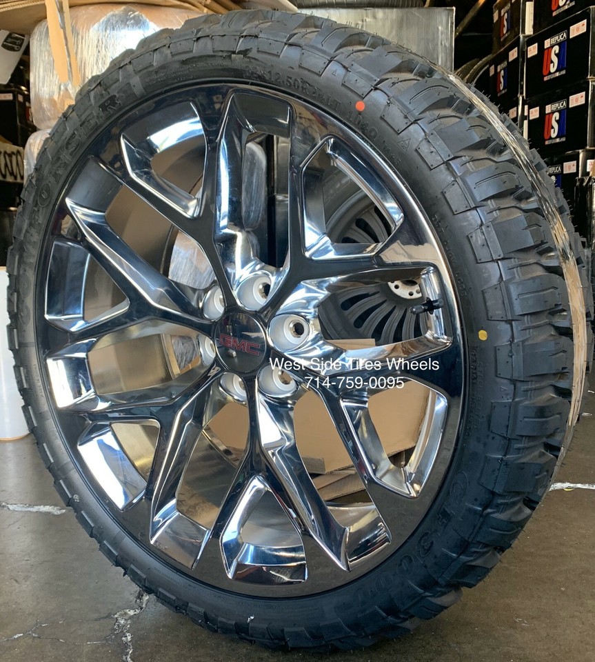22” SNOWFLAKE CHROME WHEELS Yukon Sierra Tahoe Silverado 6lug 33” Mud ...