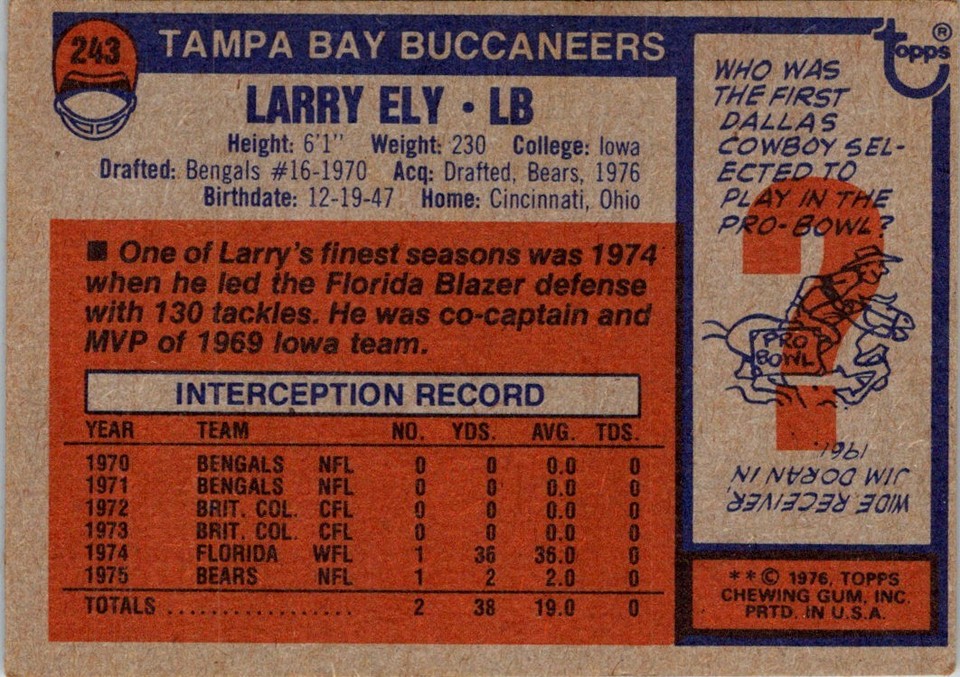 1976 Topps Larry Ely #243 Tampa Bay Buccaneers Football Card | eBay