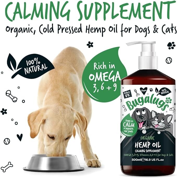 BUGALUGS Dog Calming Hemp Oil Food Supplement Dogs Cats & Pets 500ml ...