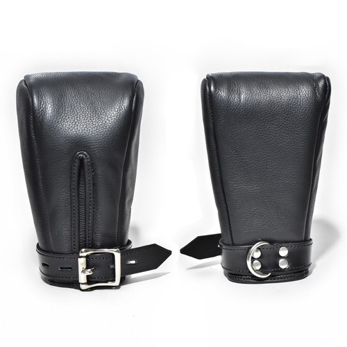 BDSM Leather Black Fist Mitts Gloves, Restraints Bondage Cuffs Lockable ...