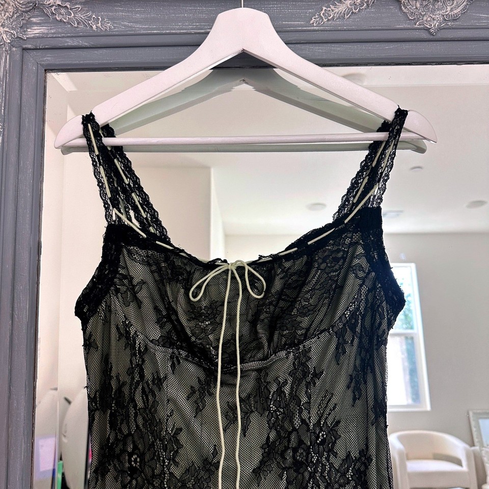 CIDER 90s Black Lace Knot Front Cami Dress Mesh Grunge Dark Fairy ...