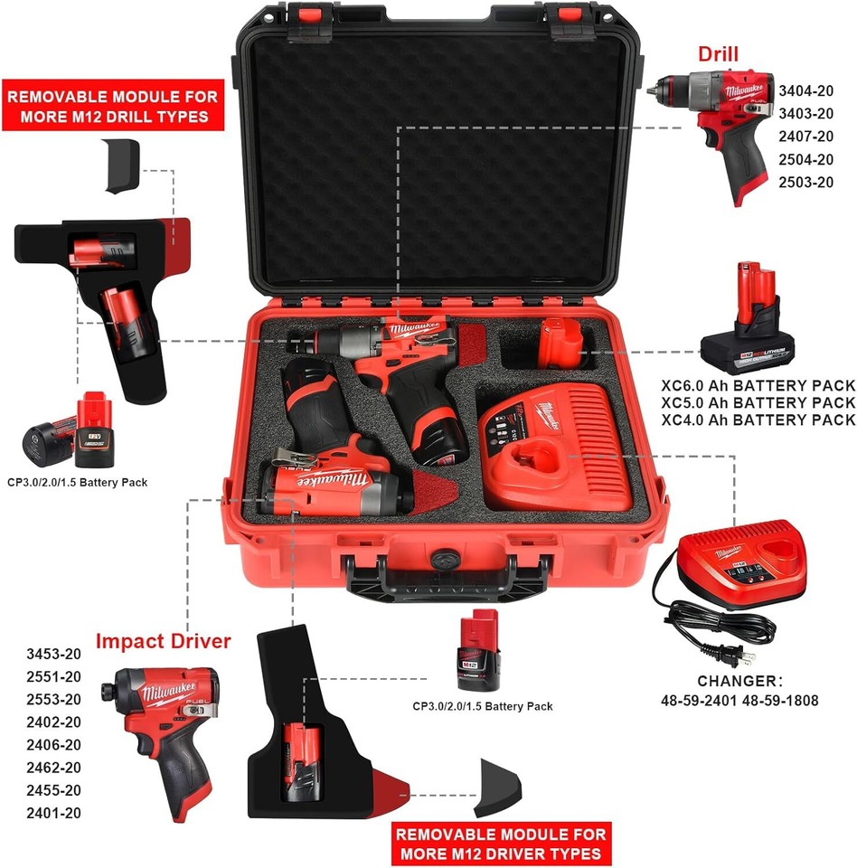 Hard Case for Milwaukee M12 Impact Driver & Drill Set Waterproof Tool ...