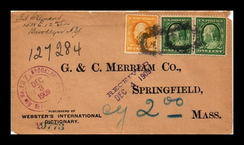 DR JIM STAMPS US COVER REGISTERED BROOKLYN NEW YORK 1909 BACKSTAMPS TOP ...