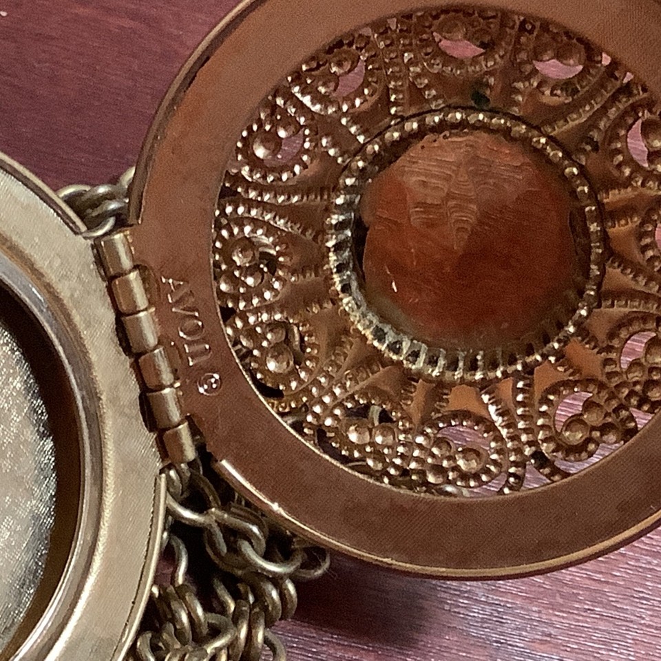 Estate Avon Amber Crystal Filigree 1+ Round Locket 30” Gold Tone Chain ...