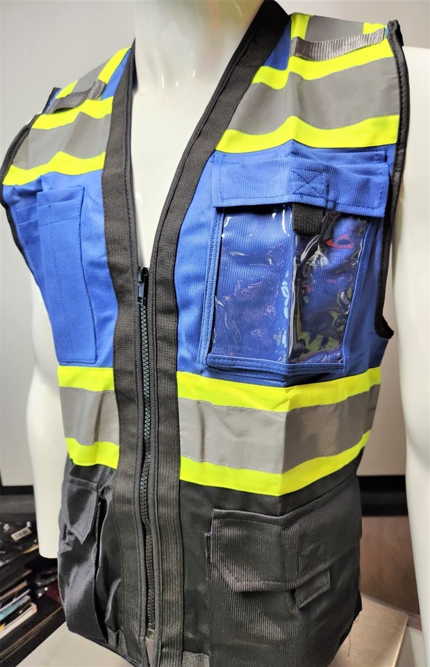 Class 1 High Visibility Reflective Blue / Black Safety Vest with ID ...
