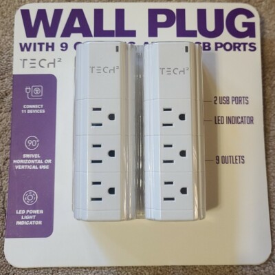 Electric Wall Plugs 2 Pack 9 Outlets 2 USB Ports Each Swivel LED ...