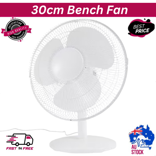 30cm Desk Table Fan 3 Speed Fixed & Oscillating Tilt Adjustable White ...